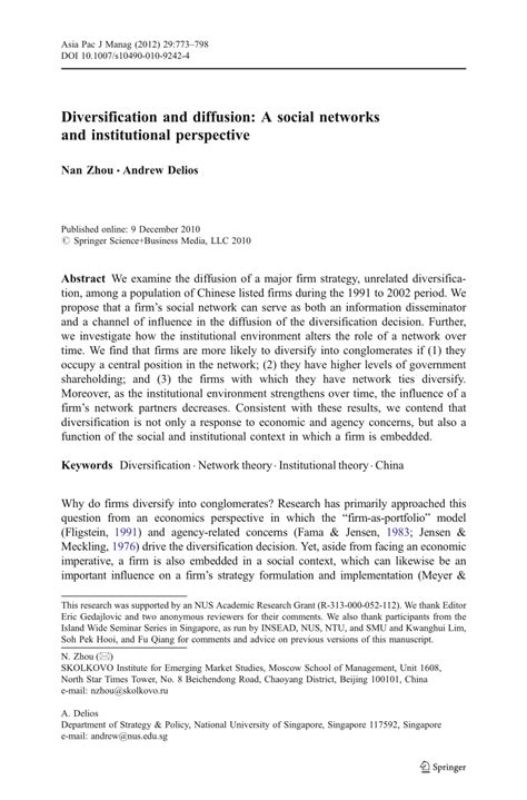 Pdf Diversification And Diffusion A Social Networks And Institutional Perspective