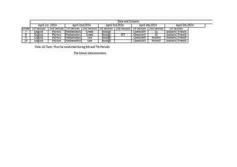 Second Semster Test Ii Schedule Pdf