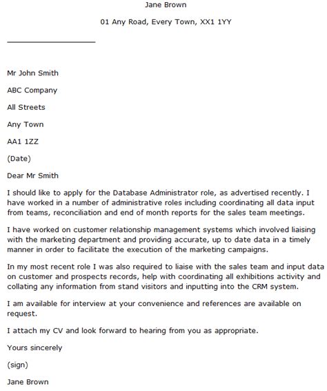 Database Administrator Cover Letter Example