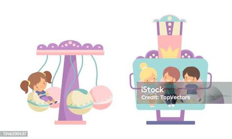 놀이 공원 벡터 세트에서 회전 목마를 타고 귀여운 작은 아이 귀여운에 대한 스톡 벡터 아트 및 기타 이미지 귀여운 놀이 돌기 Istock