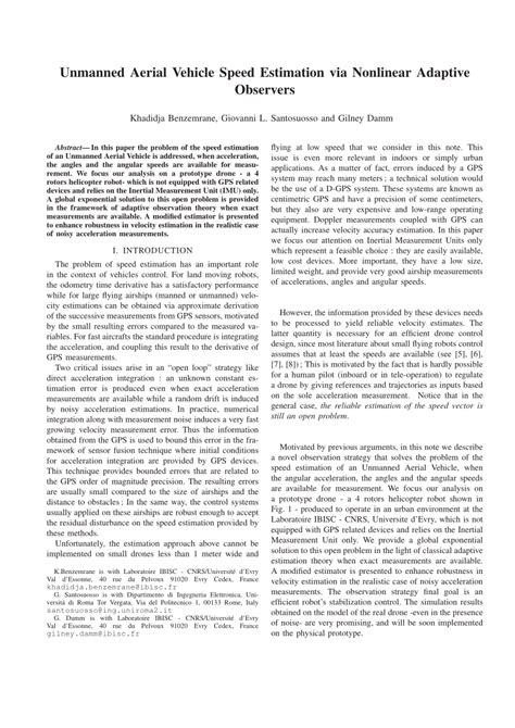 Pdf Unmanned Aerial Vehicle Speed Estimation Via Nonlinear Adaptive Observers