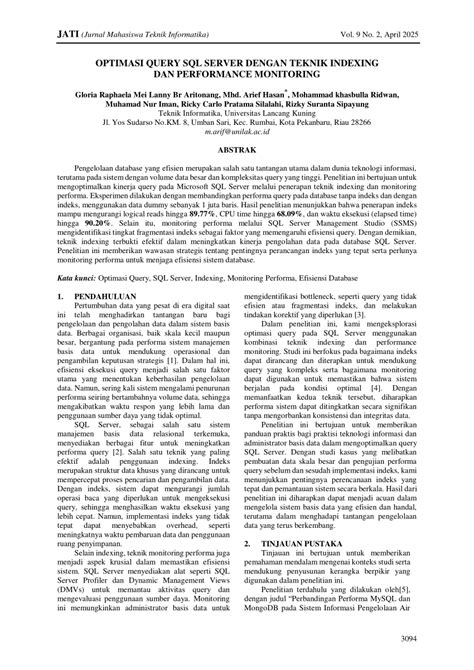 Pdf Optimasi Query Sql Server Dengan Teknik Indexing Dan Performance Monitoring