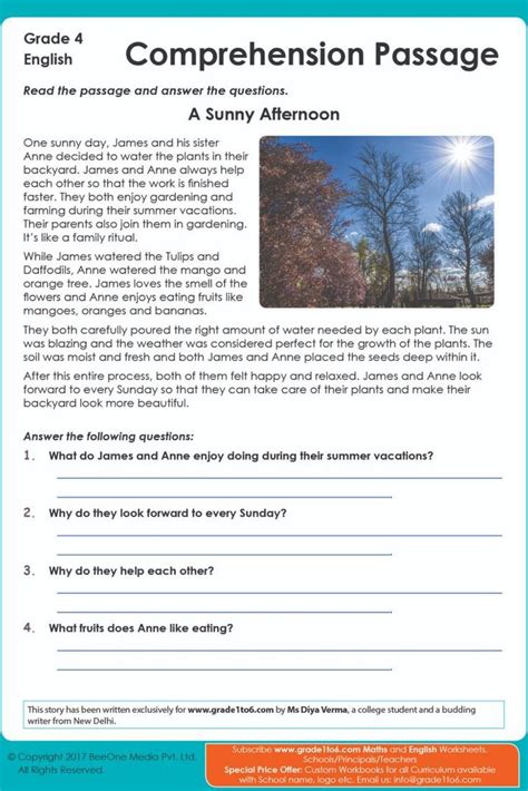 Reading Comprehension Grade 4 Worksheets