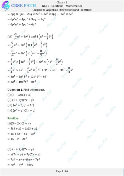 Ncert Solutions For Class 8 Maths Exercise 8 4 Algebraic Expressions And Identities Cbse Path