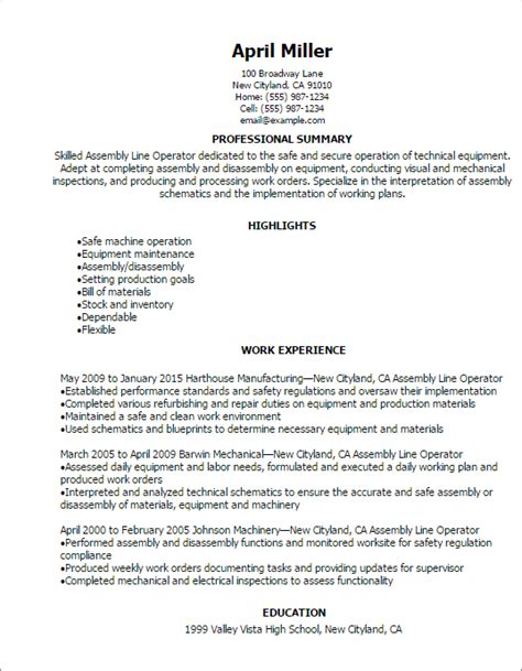 Assembly Line Operator Resume Template Myperfectresume