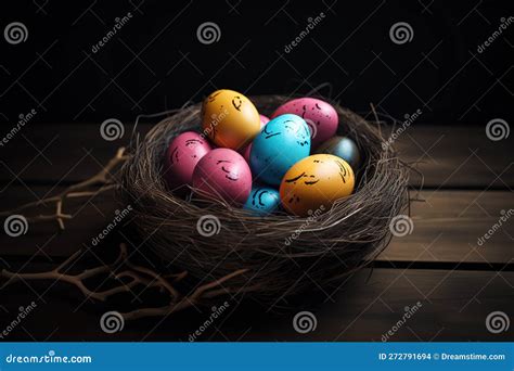 Happy Easter Candy Easter Eggs In Birds Nest On Dark Wood Generative