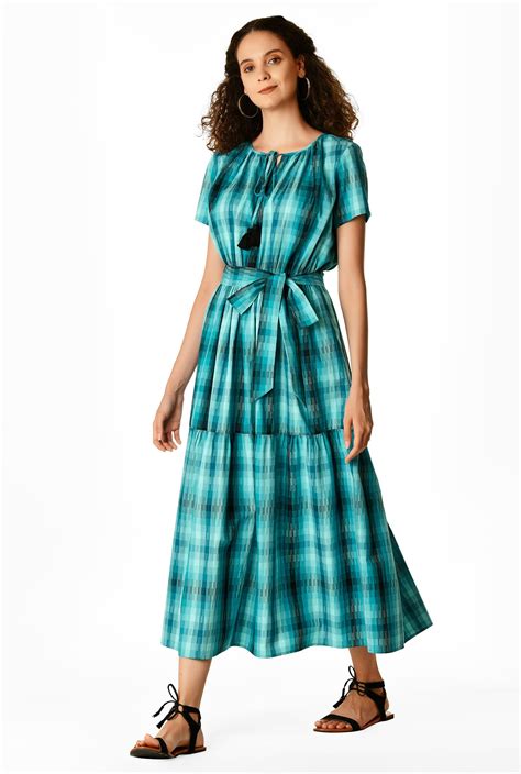 Shop Cotton Check Tier Maxi Dress Eshakti