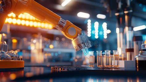 Robotic Arm Precisely Handling Laboratory Glassware Advanced Robotic Arm In A Modern Lab