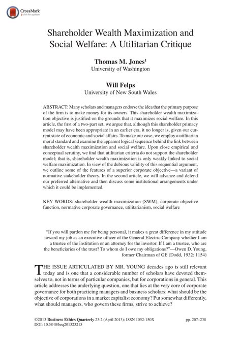 Pdf Shareholder Wealth Maximization And Social Welfare A Utilitarian Critique
