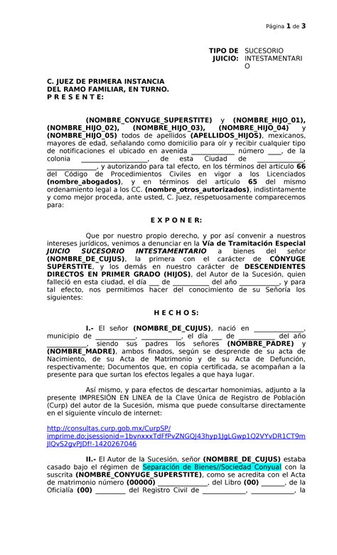 Modelo De Escrito De Denuncia De Juicio Sucesorio Intestamentario