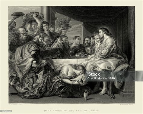 Mary Anointing 이 피트 크라이스트 씻기에 대한 스톡 벡터 아트 및 기타 이미지 씻기 예수 1850 1859