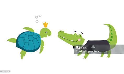 Ilustración De Tortuga Flotante Con Corona Y Cocodrilo Con Pajarita