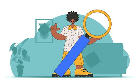 정보 검색의 개념 그 남자는 손에 돋보기를 들고 있습니다 선형 복고풍 스타일 캐릭터 가방에 대한 스톡 벡터 아트 및 기타 이미지