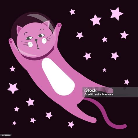 귀여운 만화 고양이는 공간에서 날아간다 고양이 우주 비행사 별이 빛나는 하늘 0명에 대한 스톡 벡터 아트 및 기타 이미지 0