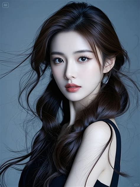 人美，左马尾发型，高清，蓝光，高级，高贵，典雅，忧伤，秀丽，完美，俏皮，深灰色背景，黑色衣服，杰作，撩头发 小红书 花瓣网