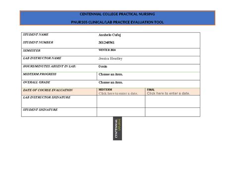 Anxhelo CPET LAB Evaluation CENTENNIAL COLLEGE PRACTICAL NURSING PNUR CLINICAL LAB