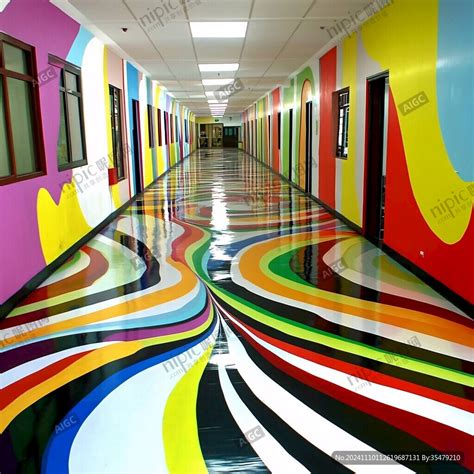 Ai创作图3d走廊地画 彩色浮雕走廊 七彩走廊 校园过道美化 五彩廊道 教室走道墙画 学校过道墙画 儿童活动中心过道 七彩廊道 3d走廊地贴 儿童康复中心楼道墙画 走廊彩绘 学校过道布置 校园