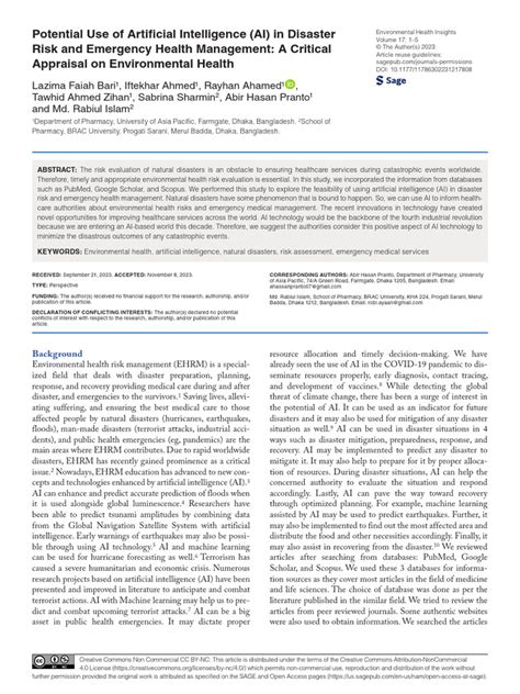 2023 Potential Use Of Artificial Intelligence Ai In Disaster Risk And