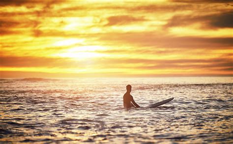일몰 물놀이 남자 서핑 건강을 위한 피트니스와 훈련 파도와 휴가와 함께 모험을 즐겨보세요 남성 서퍼 서핑보드를 타는 남자 수상 스포츠 균형 태양 여행을 위한 운동 남자에