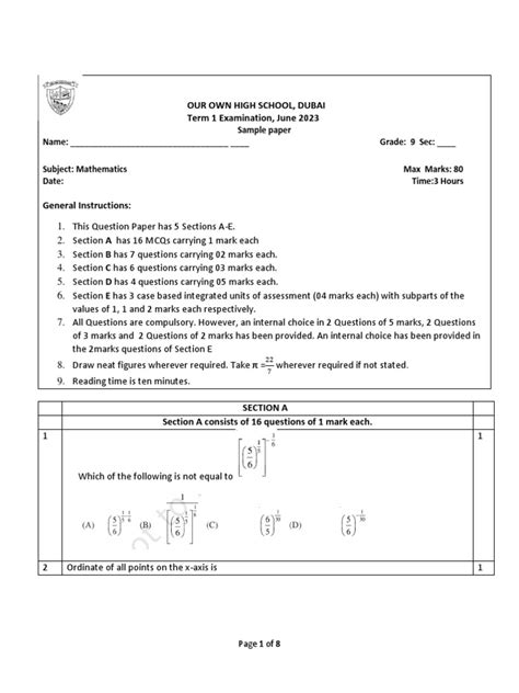 Term 1 Sample Paper Grade 9 Pdf