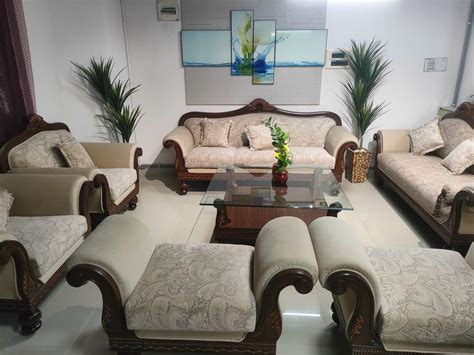 CLASSIC WOOD CRAFT Seven Seater Teak Wood Sofa Set Centre Table In Beige Fabric And