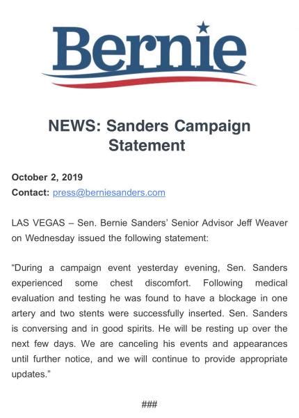 Breaking Bernie Sanders Treated For Chest Pain Campaign Events