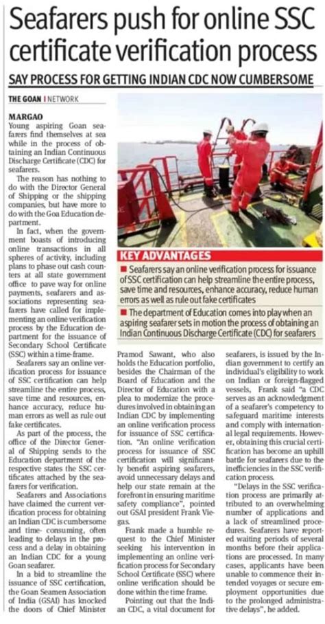 Seafarers Push For Online Ssc Certificate Verification Process Goan Seamen Association Of India