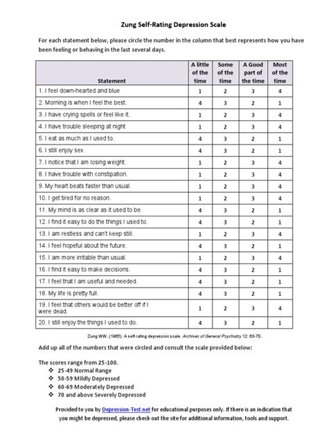 Zung Self Rating Depression Scale Pdf Psychiatry Psychology