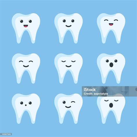 귀여운 만화 이빨 컬렉션입니다 다른 감정을 가진 평면 그림 만화 치아 치아 만화 캐릭터 개념 벡터 그림입니다 0명에 대한 스톡 벡터 아트 및 기타 이미지 Istock
