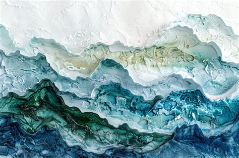 An Abstract Painting Of Rolling Ocean Waves In Shades Of Blue And Green