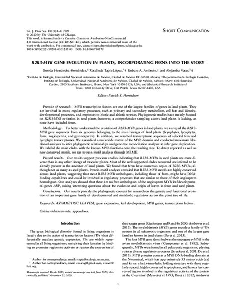 Pdf R2r3 Myb Gene Evolution In Plants Incorporating Ferns Into The Story