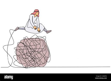 Continuous One Line Drawing Arabian Businessman Jumping Over Tangled Scribble Chaotic Of Office