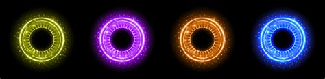 색상 홀로그램 포털 의 집합입니다 매직 판타지 포털 후광 효과가 있는 매직 서클 벡터 색상은 불꽃과 홀로그램 기술 배경과 공상 과학 텔레포트를 빛 Lcd에 대한 스톡 벡터