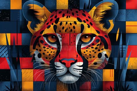Graphic Leopard Face Mosaic With Geometric Background In Bold Colors Stock Illustration