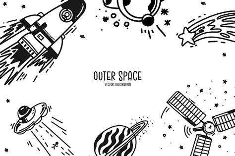 귀여운 손으로 그린 우주 배경 템플릿 와 복사 공간 와 낙서한 공간 요소와 객체의 프레임 로켓에 대한 스톡 벡터 아트 및 기타 이미지 Istock