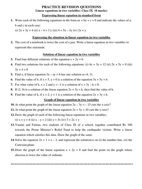 Practice Revision Questions Linear Equation In Two Variables Pdf
