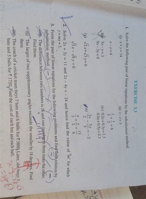 EXERCISE Solve The Following Pair Of Linear Equations By The Subst