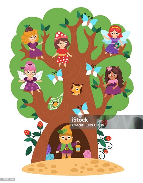 난쟁이와 숲의 요정이 나뭇가지에 앉아 있는 귀여운 풍경 벡터 동화 나라 배경입니다 삼림 지대의 풍경 판타지 숲 장면 그림 마법 생물이 있는 동화 속 세계 사진 가공의 인물에
