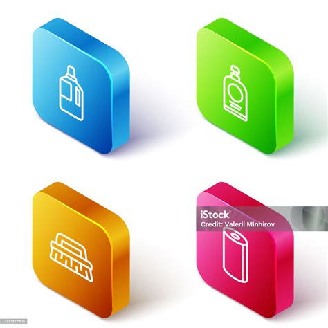 아이소메트릭 라인 섬유 유연제 손 소독제 병 청소용 브러시 및 종이 타월 롤 아이콘을 설정합니다 벡터 3차원 형태에 대한 스톡 벡터 아트 및 기타 이미지 Istock