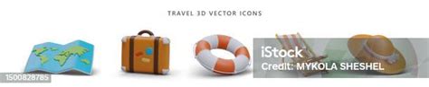 여행 현실적인 아이콘의 컬렉션입니다 지도 스티커가 붙은 여행 가방 구명 부표 접이식 의자 파나마 3차원 형태에 대한 스톡 벡터 아트 및 기타 이미지 Istock