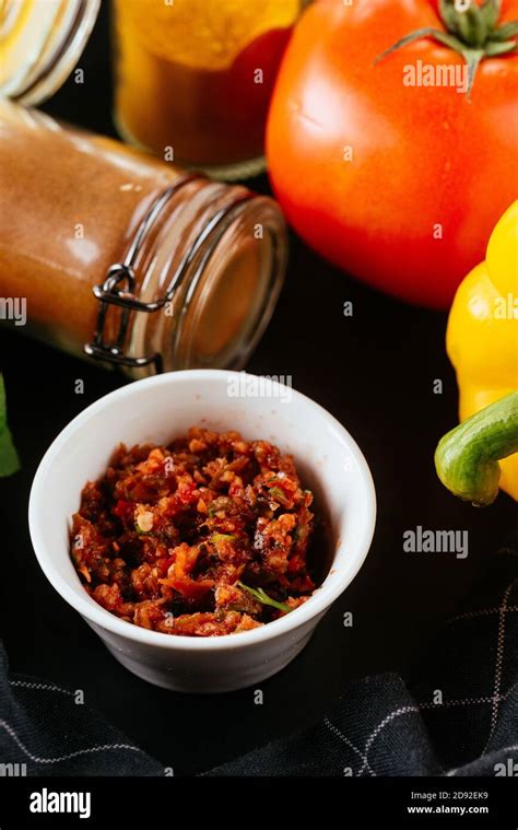 A Variety Of Traditional Georgian Sauces For Meat And Vegetables Stock