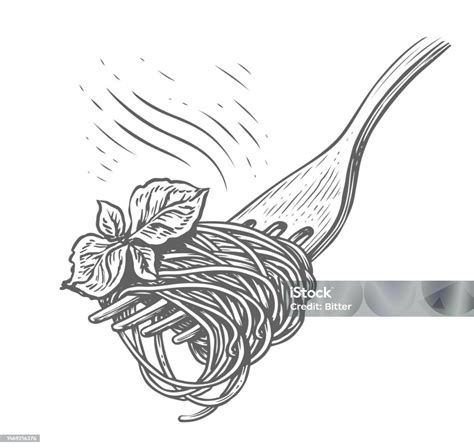 주위에 스파게티가있는 포크 이탈리아 음식 파스타 국수 스케치 손으로 그린 빈티지 벡터 일러스트 레이 션 스파게티에 대한 스톡