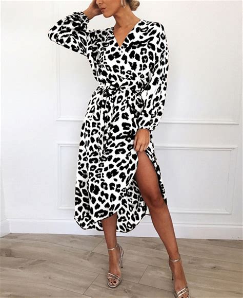 Robe Mode Voile De Mousseline De Soie Léopard Décolleté V Manches