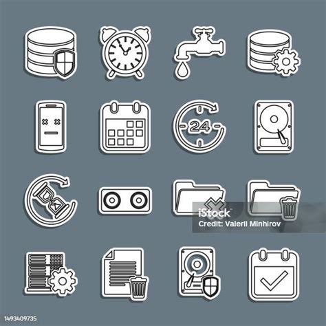 체크 표시 폴더 삭제 하드 디스크 드라이브 Hdd 수도꼭지 죽은 모바일 데이터베이스 보호 및 시계 24 시간 아이콘으로 라인 캘린더를 설정합니다 벡터 24에 대한 스톡 벡터