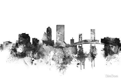 Jacksonville BW Watercolor Skyline Framed Art Print For Sale By