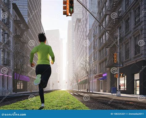 Young Woman Jogging Alone In The Streets Of City On A Green Strip 3d