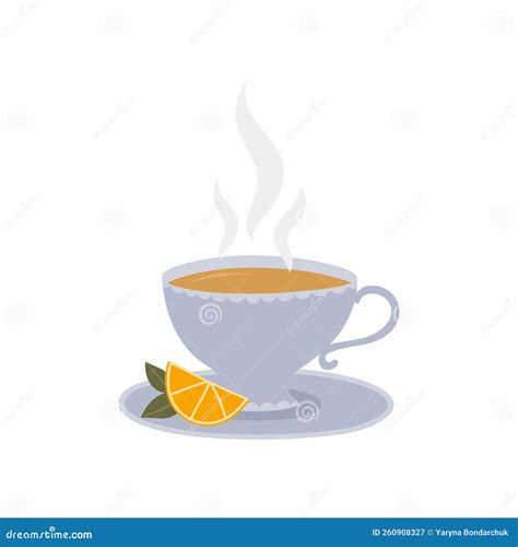 Cup Of Tea And Saucer With Lemon Slice And Leaves Hand Drawn Doodle
