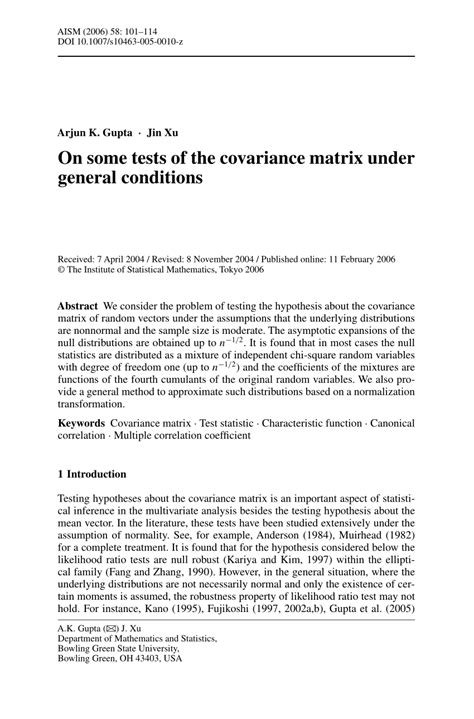 Pdf On Some Tests Of The Covariance Matrix Under General Conditions