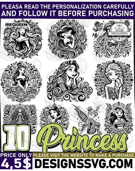 10 Cartoon Princess Svg Bundle Princess Cartoon Svg Intricate Weeding Svg Enchanted Rose Svg