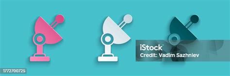 종이 절단 레이더 아이콘은 파란색 배경에 고립되어 있습니다 검색 시스템 위성 표지판입니다 페이퍼 아트 스타일입니다 벡터 3차원 형태에 대한 스톡 벡터 아트 및 기타 이미지